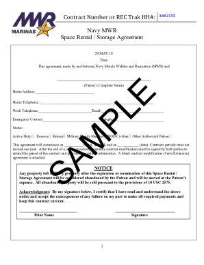 Fillable Online Navy MWR Space Rental and Property Storage Agreement ...