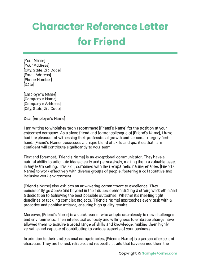 How To Write A Character Reference Letter For A Friend Or ... Doc ...