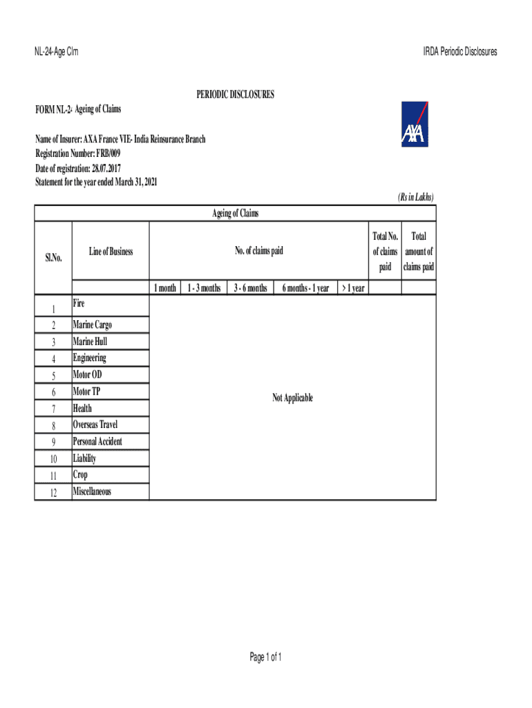 Fillable Online NL-24-Age Clm IRDA Periodic Disclosures FORM Fax Email ...