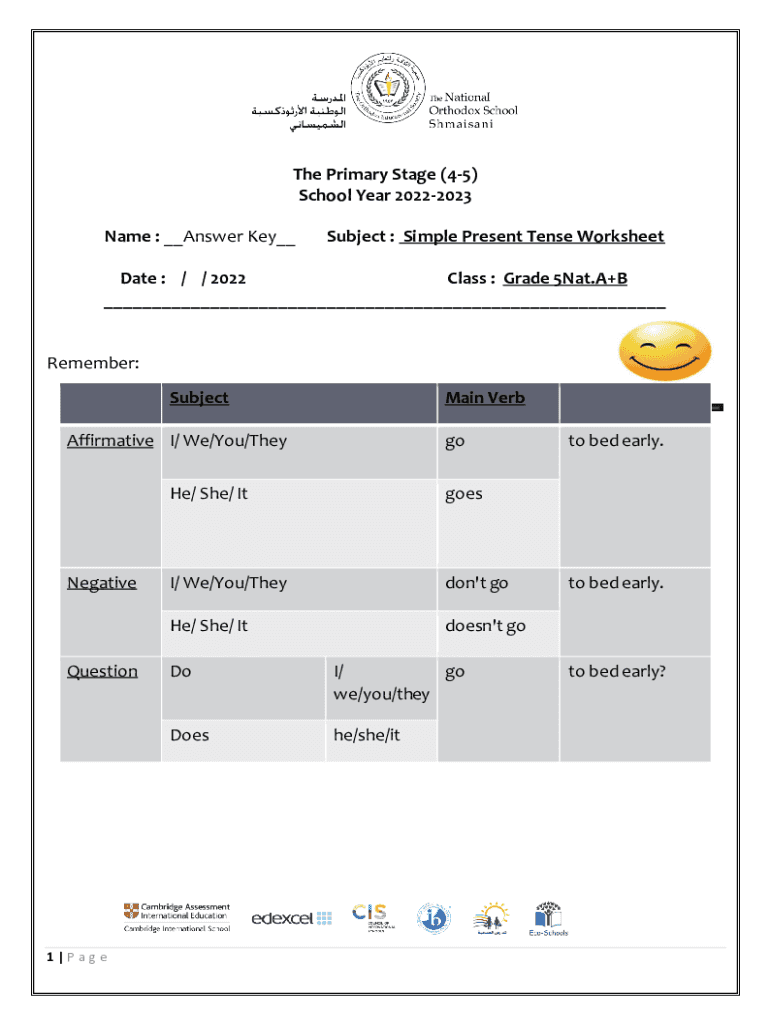 Fillable Online Answer Key Subject : Simple Present Tense Worksheet Date Fax Email Print - pdfFiller