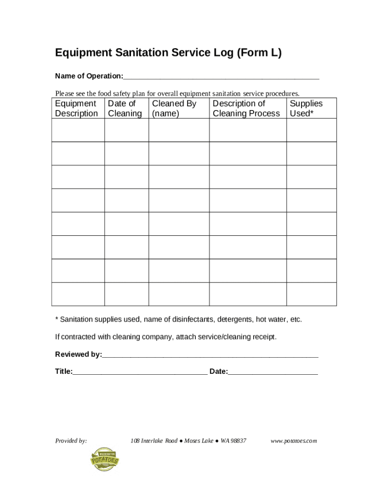 Equipment Sanitation Service Log ( L) Doc Template | pdfFiller
