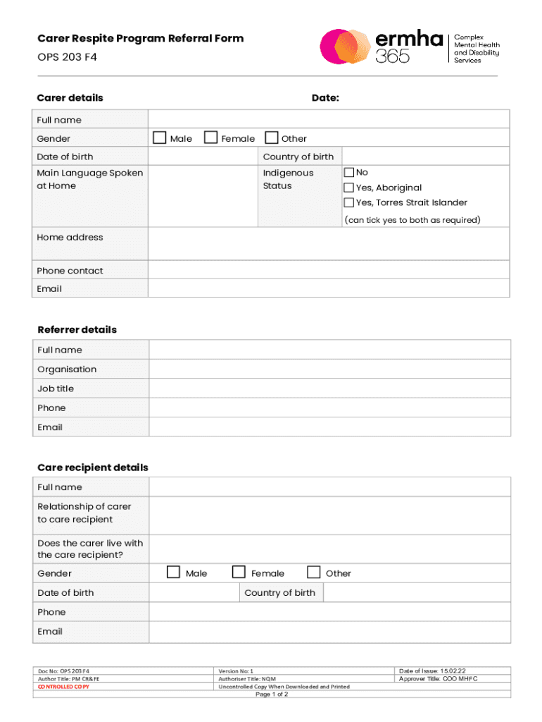 Fillable Online AAA 1-B Caregiver Respite Relief, Professional Referral ...