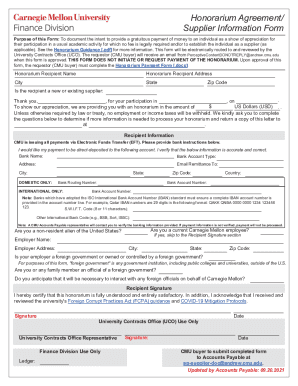 Fillable Online Honorarium Agreement/ Supplier Information Form Fax ...