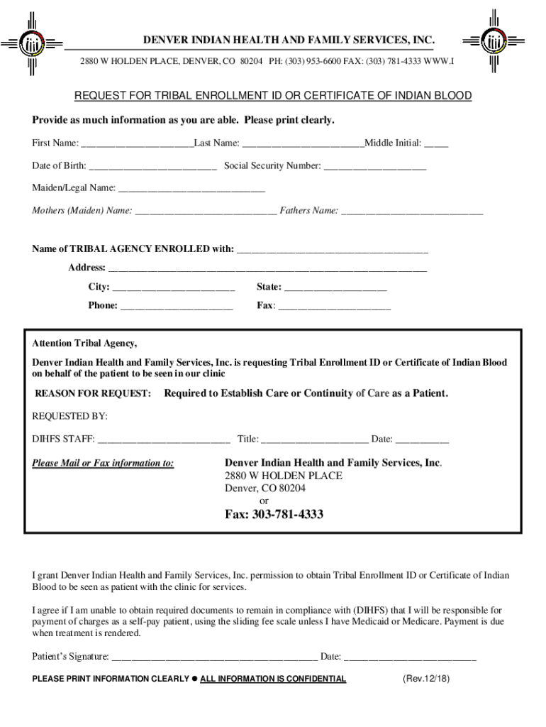 Fillable Online Request for Tribal Enrollment ID or Certificate of ...