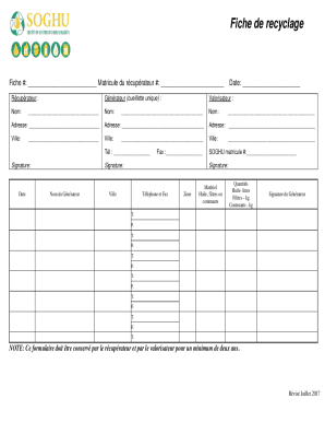 Remplissable En Ligne Fiche de recyclage Fax Email Imprimer - pdfFiller