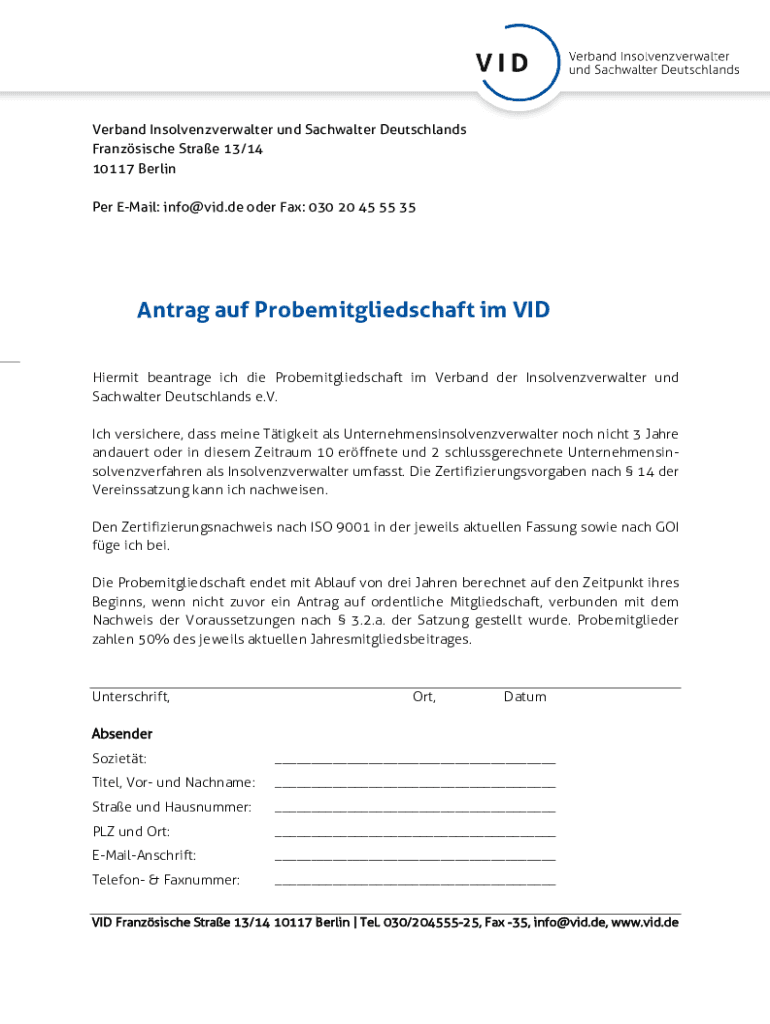 Ausfüllbar Online Antrag auf Probemitgliedschaft im VID Fax Email Drucken - pdfFiller