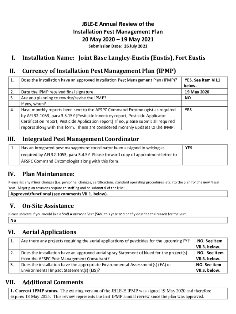 Fillable Online JBLE-E Annual Review of the Installation Pest ...