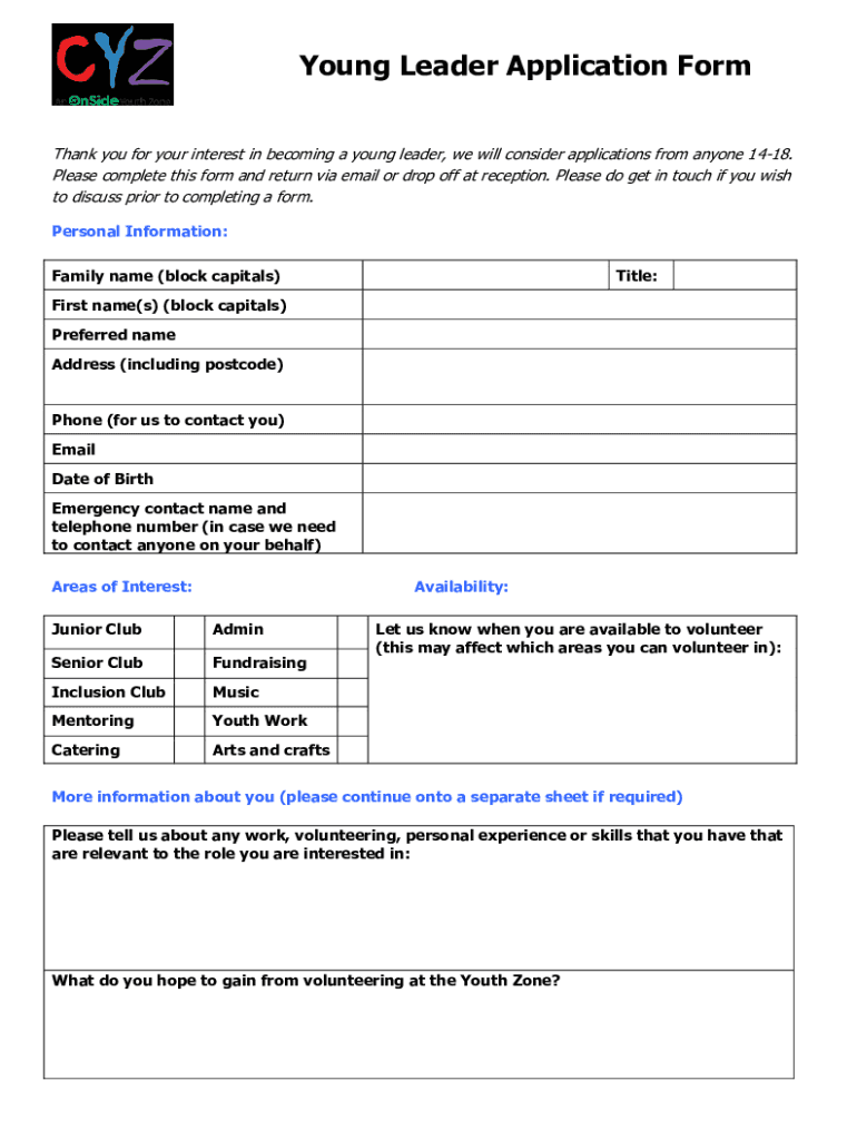 Fillable Online Young Leaders Institute: Application Form Fax Email ...