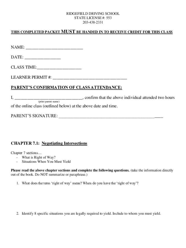 Fillable Online CLASS TIME: LEARNER PERMIT Fax Email Print - pdfFiller