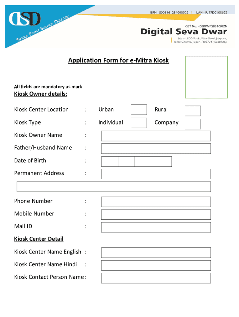 Fillable Online Application Form of E-Mitra Kiosk Creation - V3 Fax ...