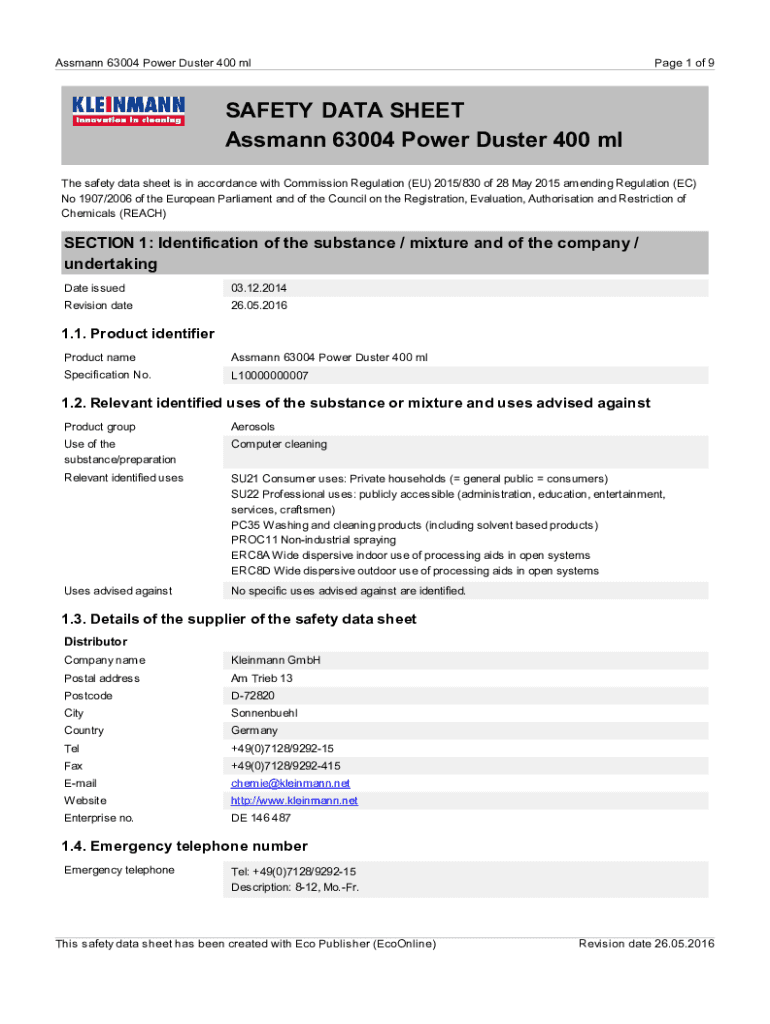 Fillable Online SAFETY DATA SHEET Spray Duster 400ml COS - cloudfront ...