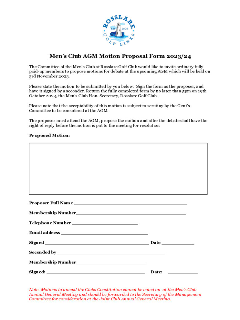 Fillable Online AGM Motion Proposal Form - Rosslare Golf Course Fax ...