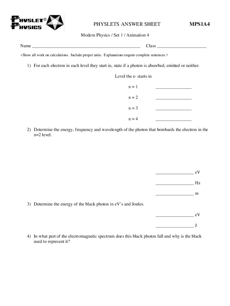 Fillable Online PHYSLETS ANSWER SHEET WS1A4 Fax Email Print - pdfFiller