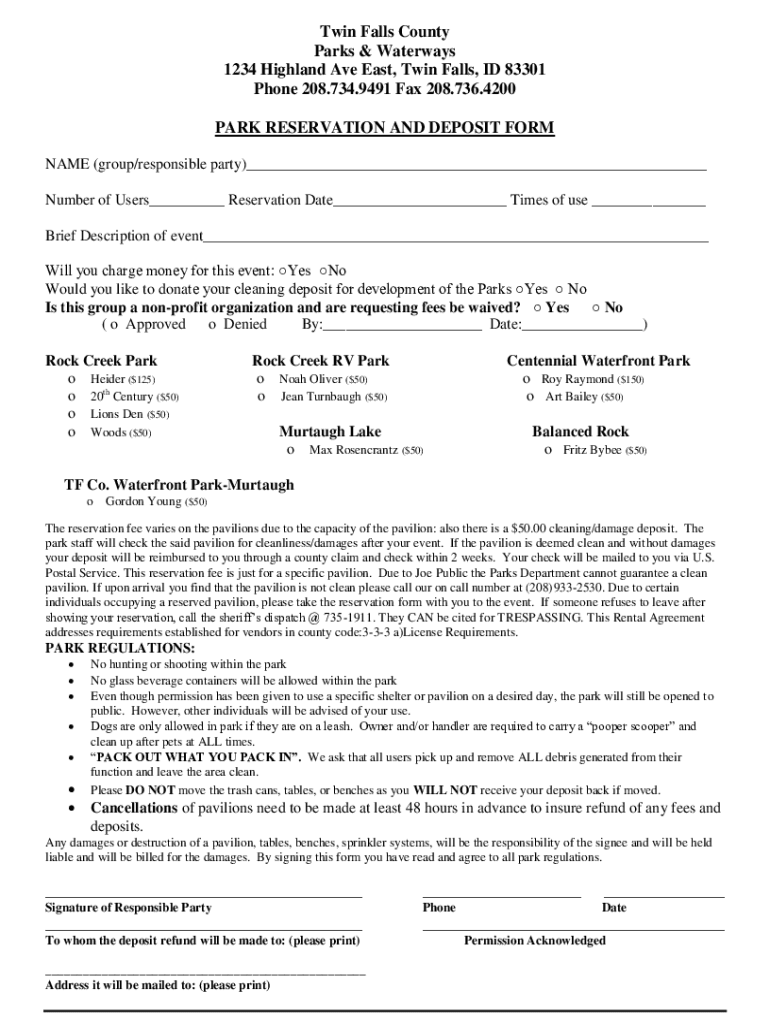 Fillable Online Park Reservation and Deposit Form Fax Email Print ...