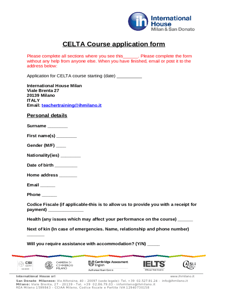 CELTA Course application - international house Doc Template | pdfFiller