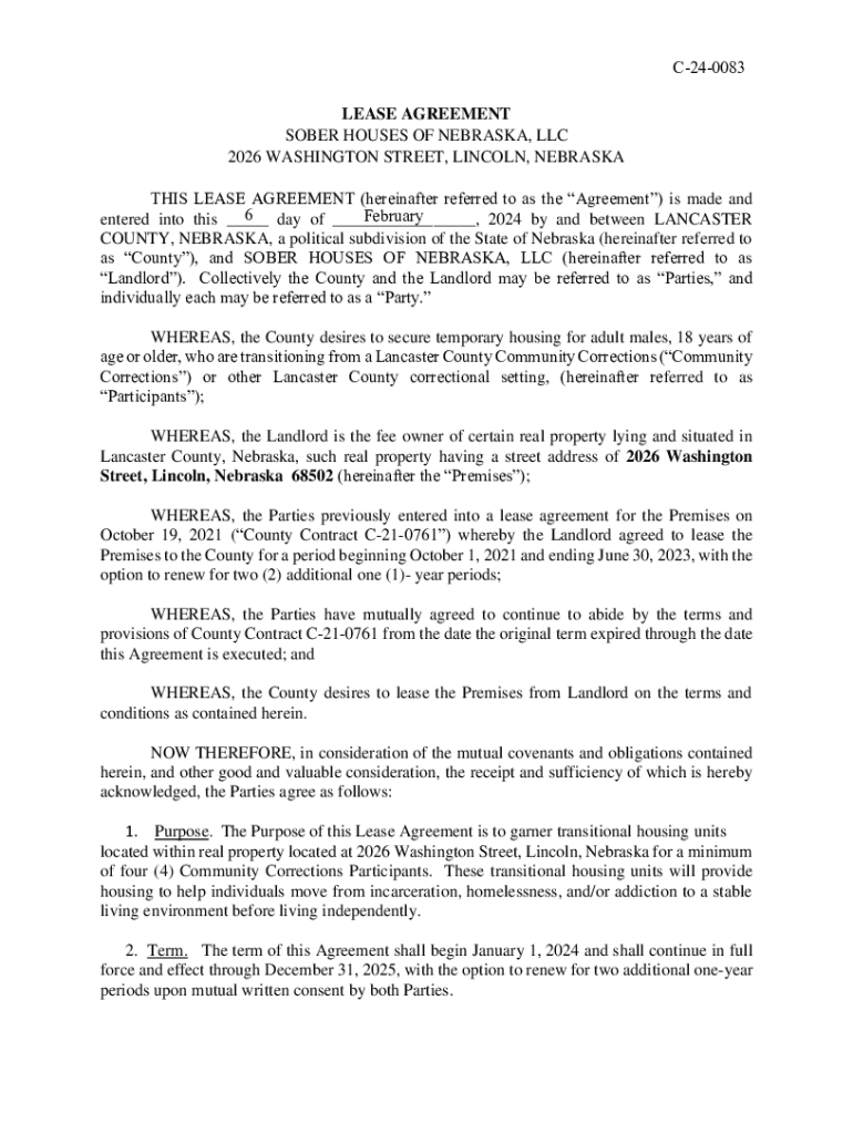 Fillable Online LEASE AGREEMENT SOBER HOUSES OF NEBRASKA, LLC 2026 ...