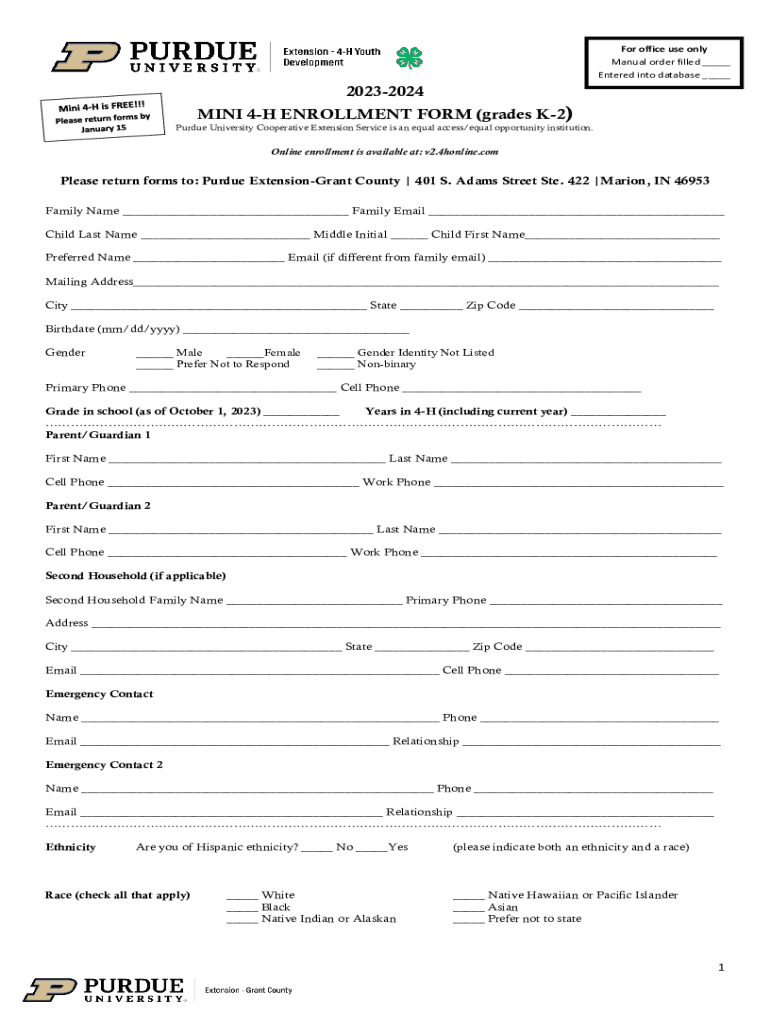 Fillable Online extension purdue 2023-2024 4-H ENROLLMENT FORM (grades ...