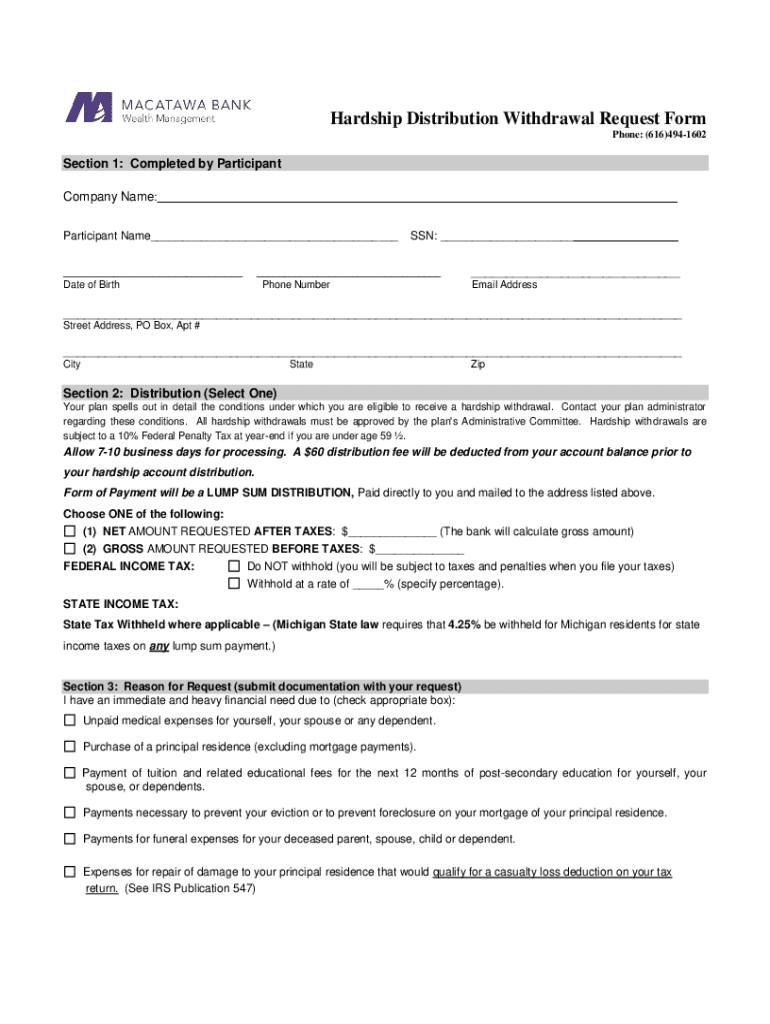 Fillable Online Hardship Distribution Withdrawal Request Form Fax Email ...