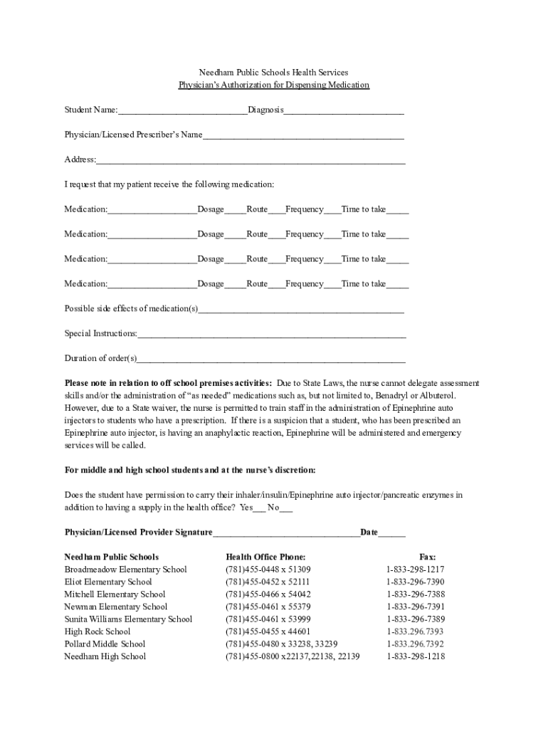 Fillable Online nhs needham k12 ma Physician's Authorization for ...