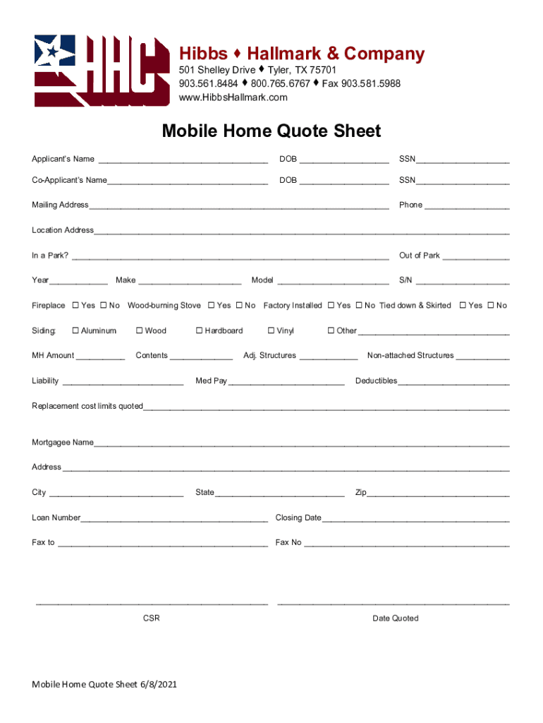 Fillable Online Mobile Home Quote Sheet Fax Email Print - pdfFiller