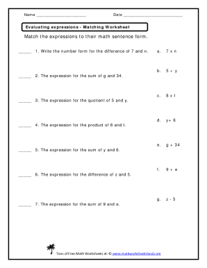 Matching Math Expressions Worksheet - Evaluate Expressions with Numbers ...