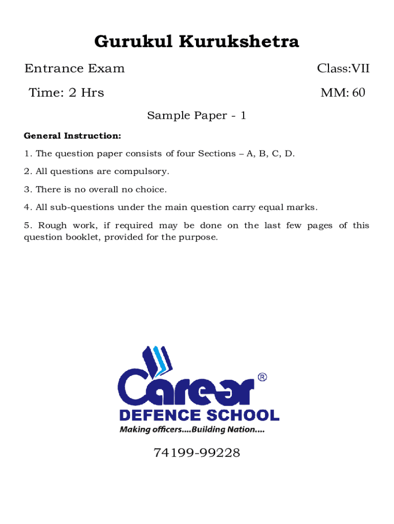 Gurukul Kurukshetra Entrance Exam Sample Paper For Class 7 Pdf - Fill ...