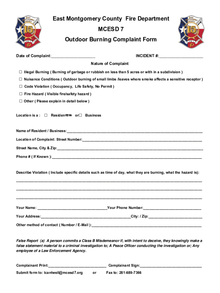 Fillable Online Outdoor Burning Complaint Form.pub Fax Email Print ...