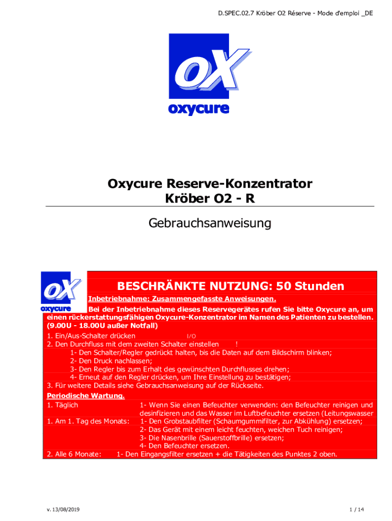 Ausfüllbar Online Oxycure Reserve-Konzentrator Krber O2 Fax Email ...