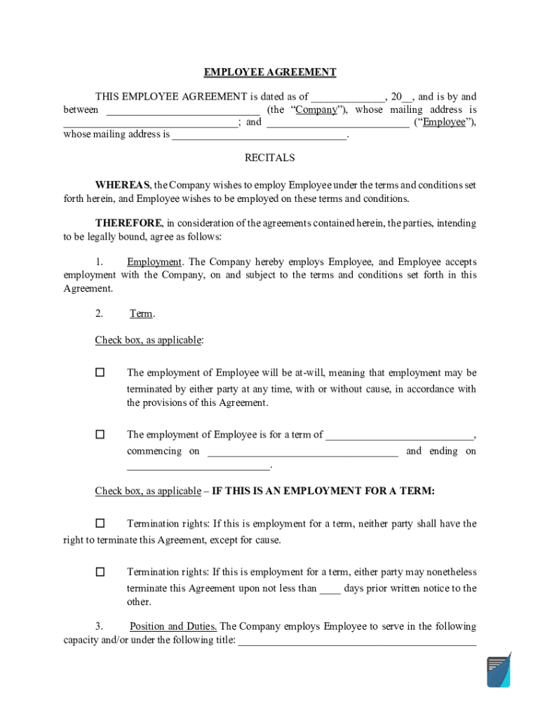 Fillable Online Employee Agreement Form. Employee Agreement Template ...