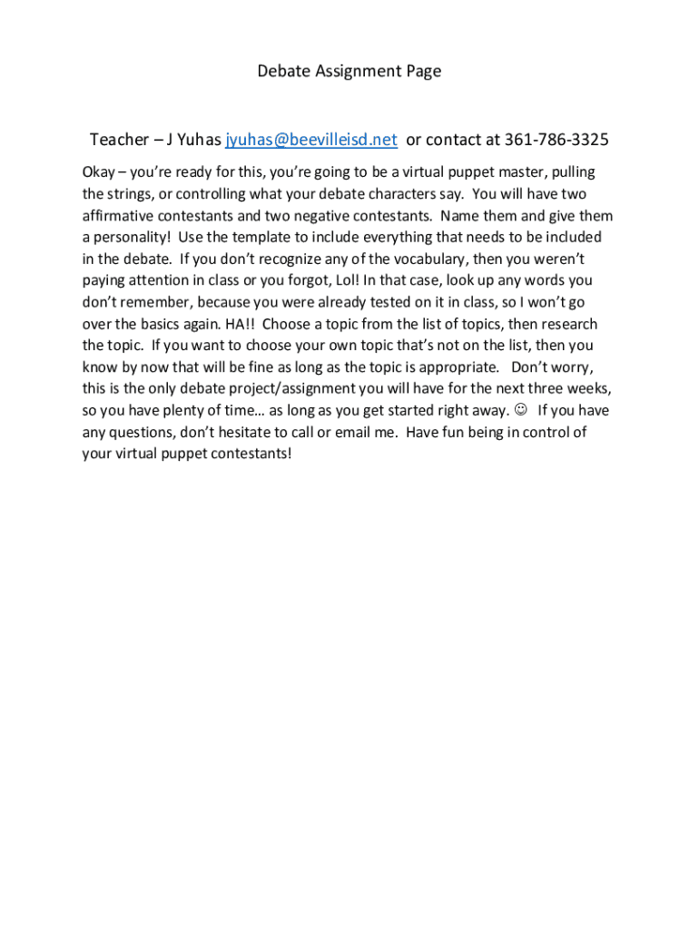 Fillable Online Debate Assignment Page TeacherJ Yuhas jyuhas ... Fax ...
