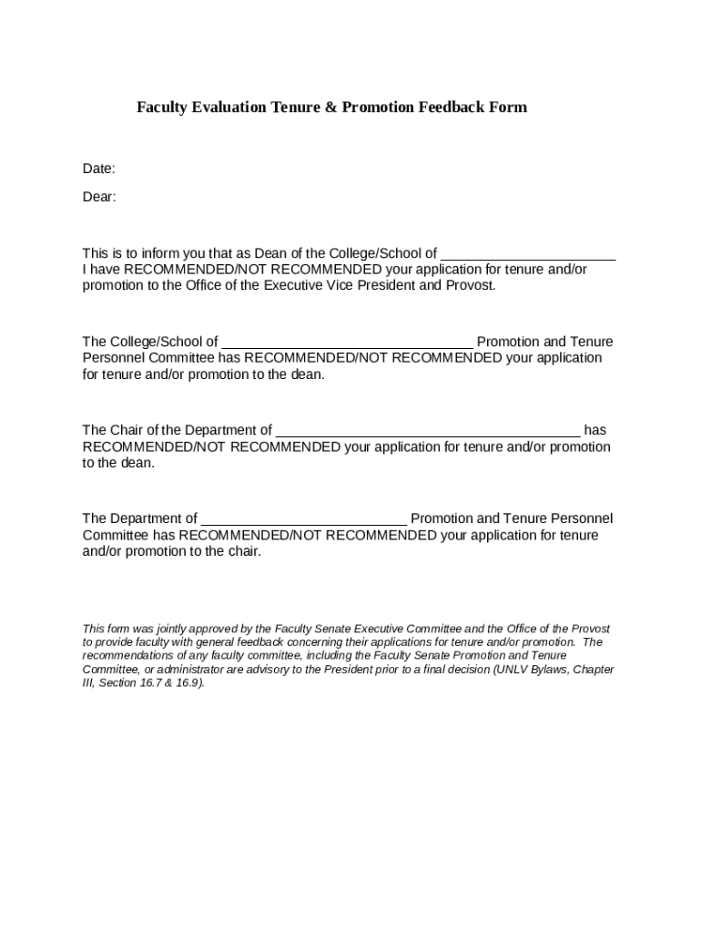 Faculty Evaluation Tenure & Promotion Feedback Doc Template | pdfFiller