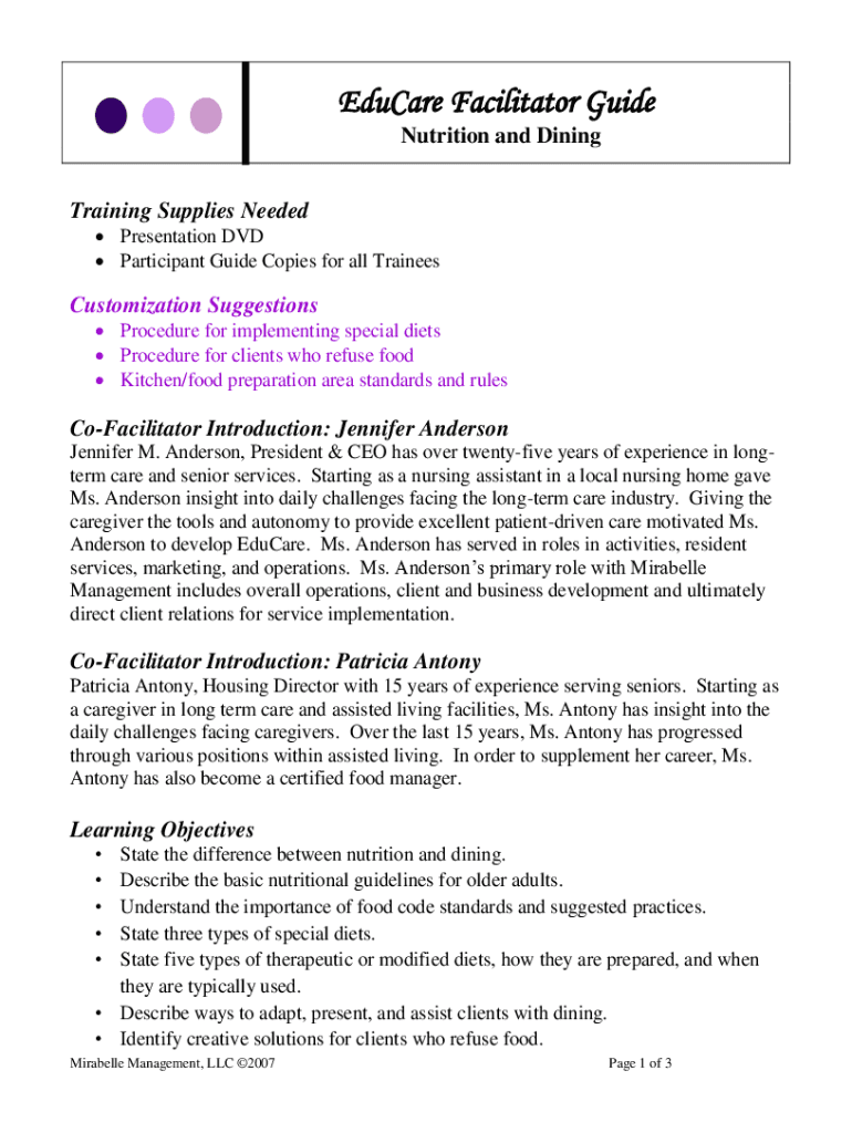 Fillable Online EduCare Facilitator Guide - Nutrition and Dining ...