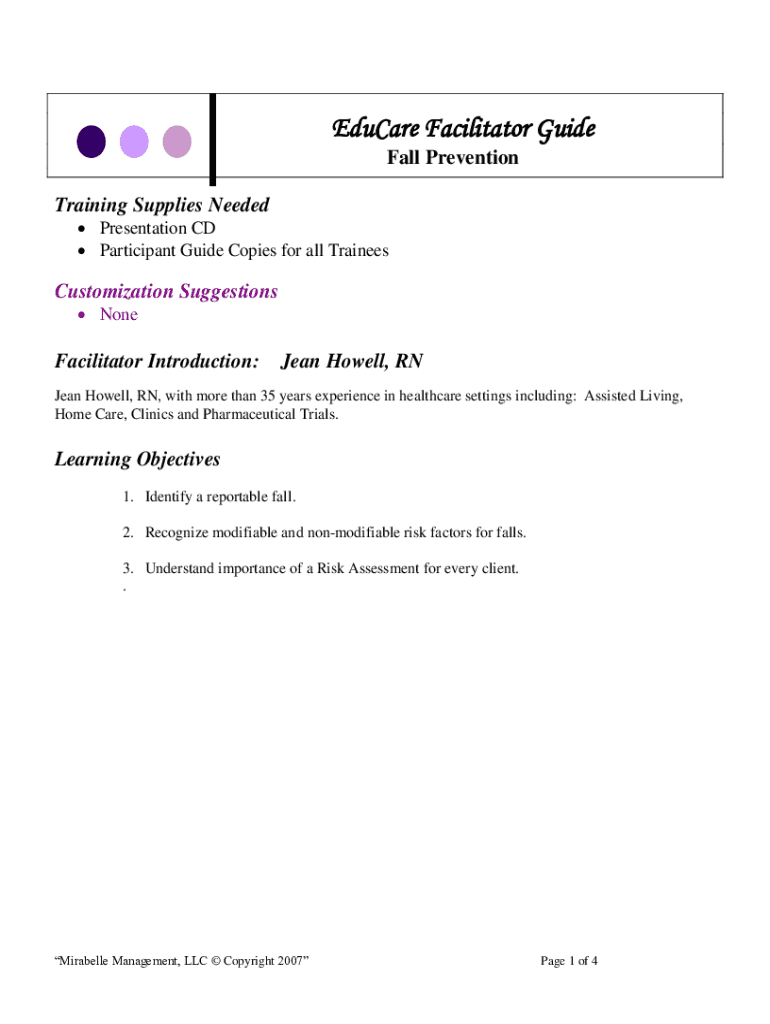 Fillable Online Staff Roles and Training for Your Fall Prevention ...
