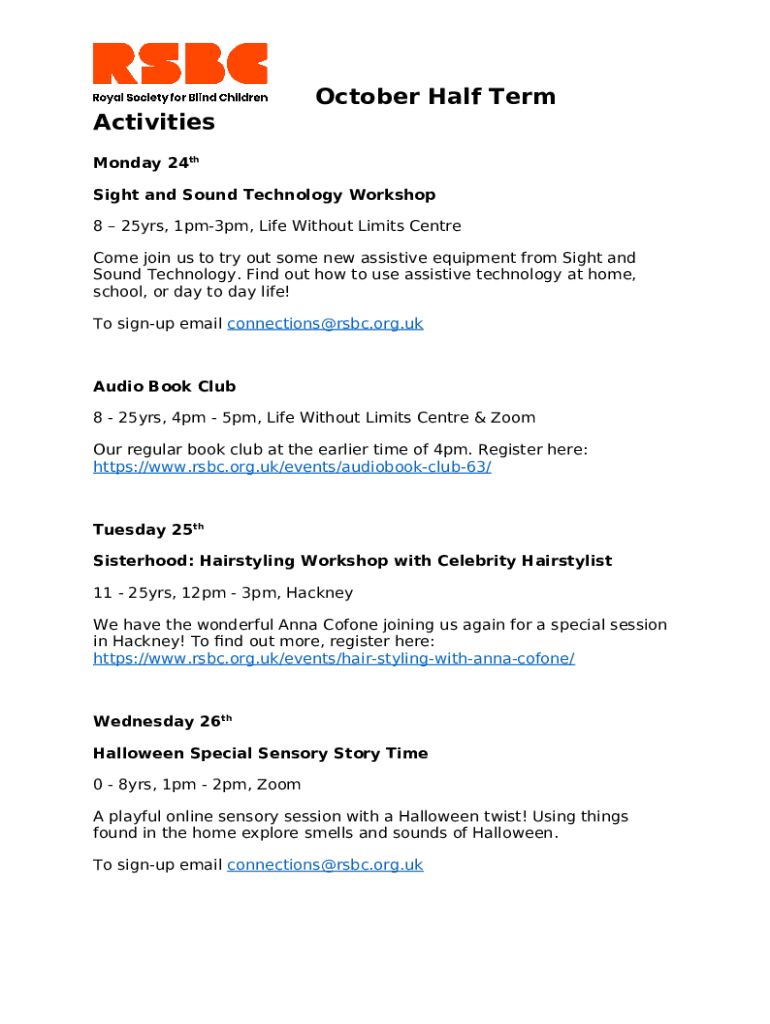 October Half Term Activities RSBC Enrolment - trinityschooldagenham org ...