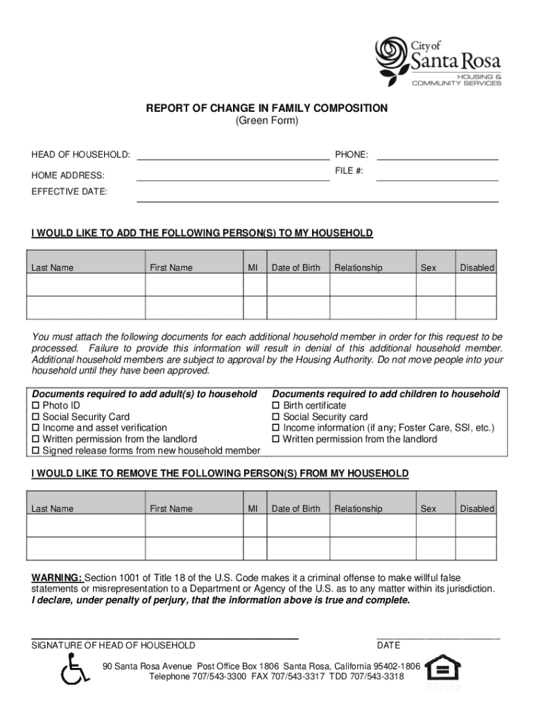 Fillable Online REPORT OF CHANGE IN FAMILY COMPOSITION (Green Form) Fax Email Print - pdfFiller