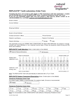 Fillable Online REPLICATE Tooth Laboratory Order Form - Puredent Fax ...