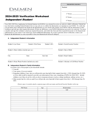Fillable Online 2024-2025 Verification Worksheet (Independent Student) Fax Email Print - pdfFiller