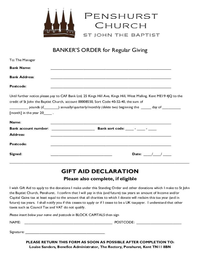 Fillable Online BANKER'S ORDER for Regular Giving GIFT AID ... Fax ...