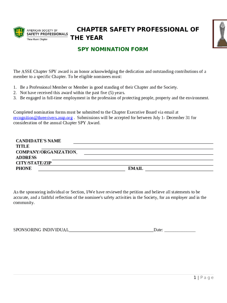chapter safety professional of the year spy nomination Doc Template ...