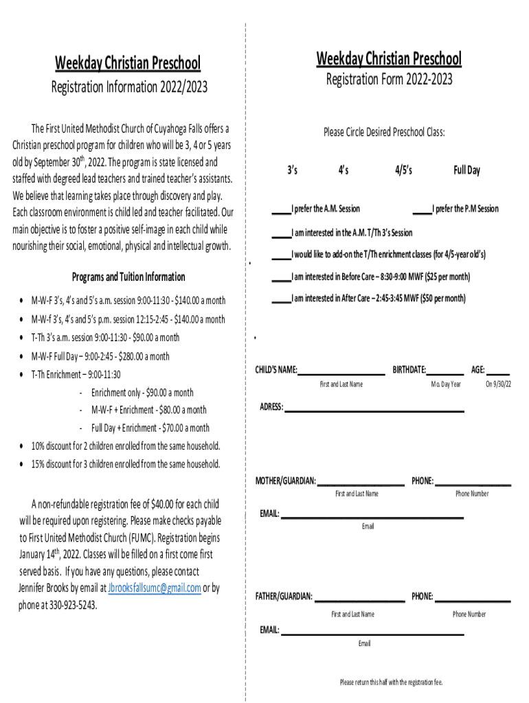 Fillable Online Weekday Christian Preschool - Registration Form 2022 ...