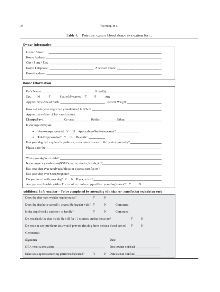 Fillable Online Table 4. Potential canine blood donor evaluation form ...