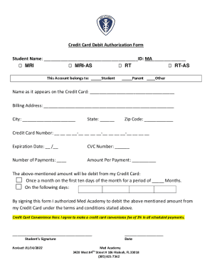 Fillable Online Credit Card Debit Authorization Form Student Name Fax Email Print - pdfFiller