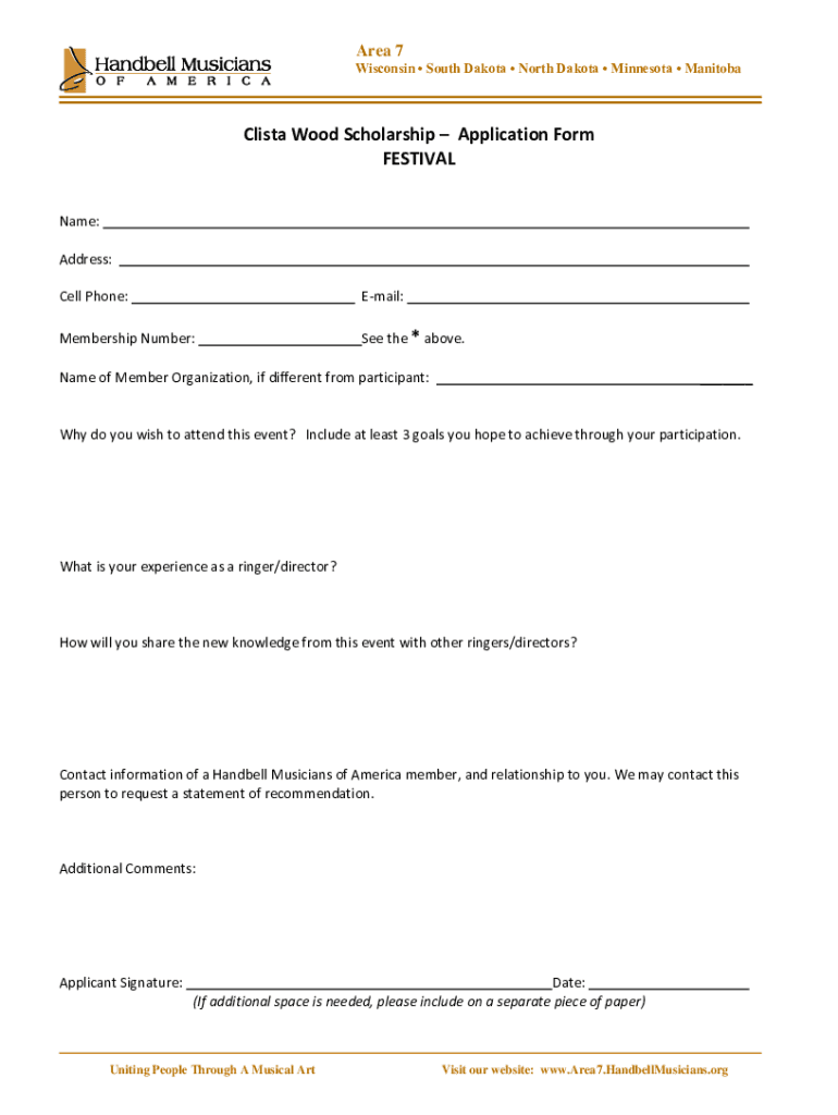 Fillable Online Clista Wood ScholarshipApplication Form FESTIVAL ... Fax Email Print - pdfFiller