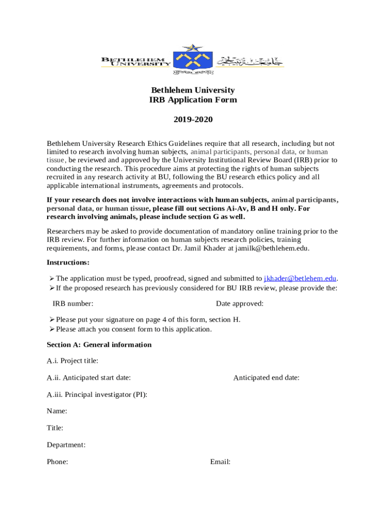 Bethlehem University IRB Application 2019-2020 Doc Template | pdfFiller