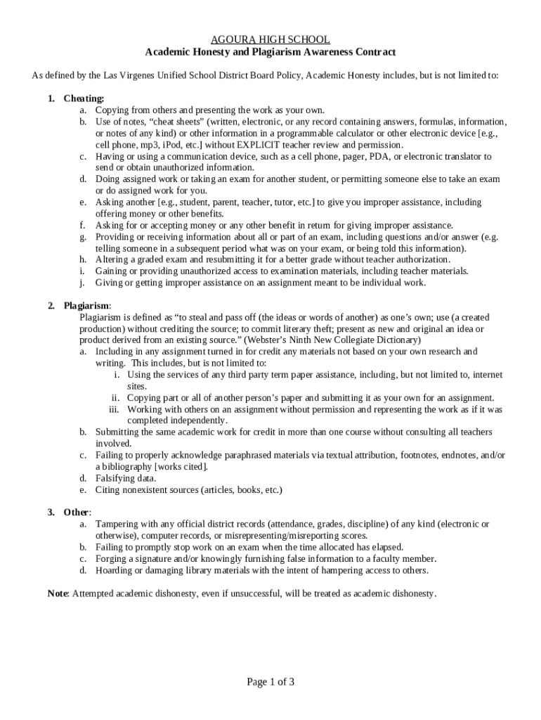 Academic Honesty and Plagiarism Awareness Contract Doc Template | pdfFiller