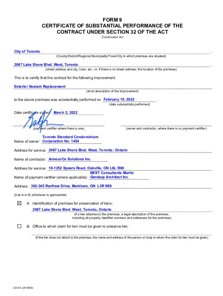 Fillable Online Form 9 - Certificate of Substantial Performance - TSCC ...