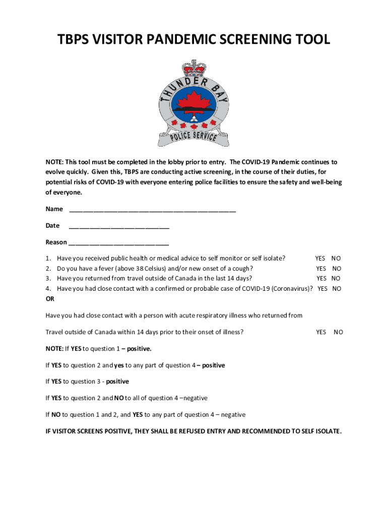 Fillable Online TBPS VISITOR PANDEMIC SCREENING TOOL Fax Email Print ...