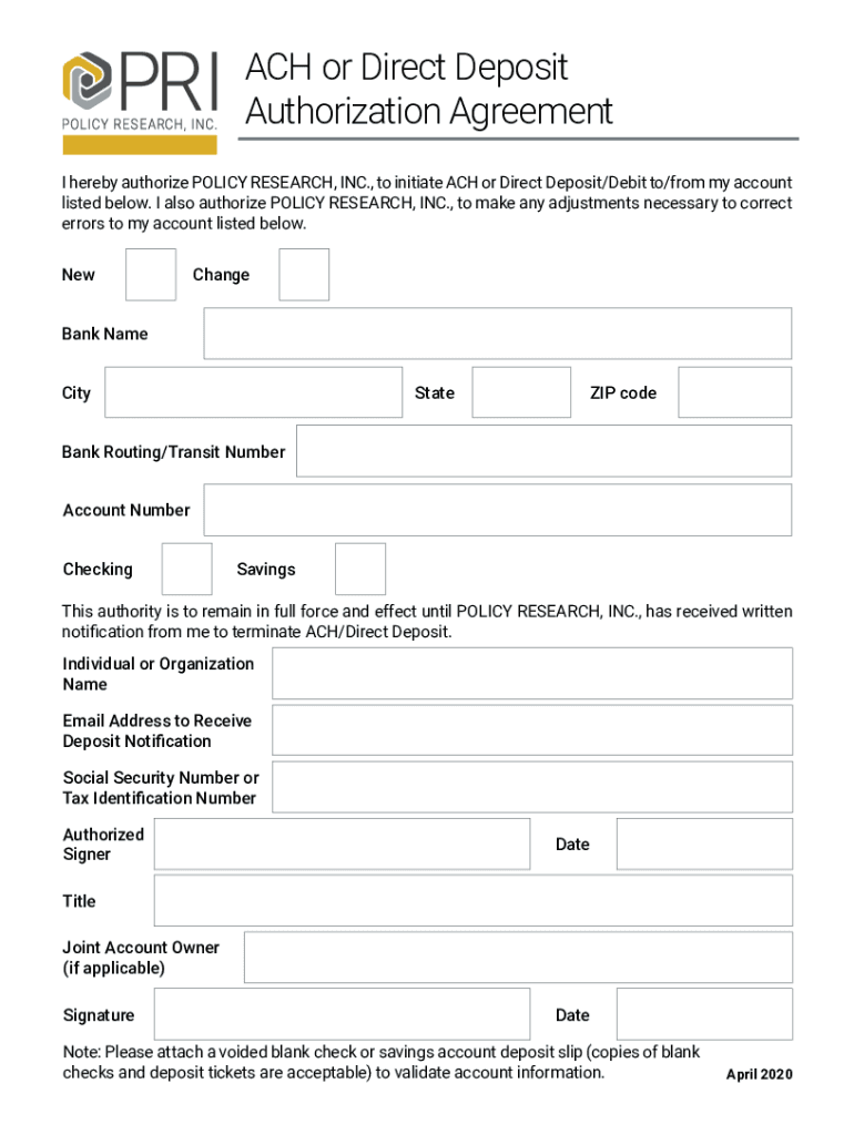 Fillable Online ACH or Direct Deposit Authorization Agreement Fax Email ...