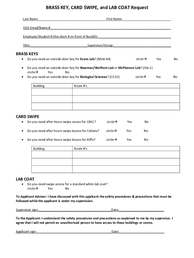 Fillable Online chemistry osu BRASS KEY, CARD SWIPE, and LAB COAT Request Fax Email Print ...