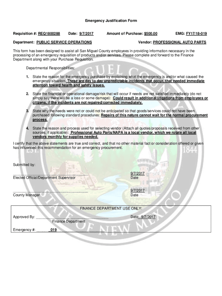 Fillable Online co sanmiguel nm Emergency Justification Form ...